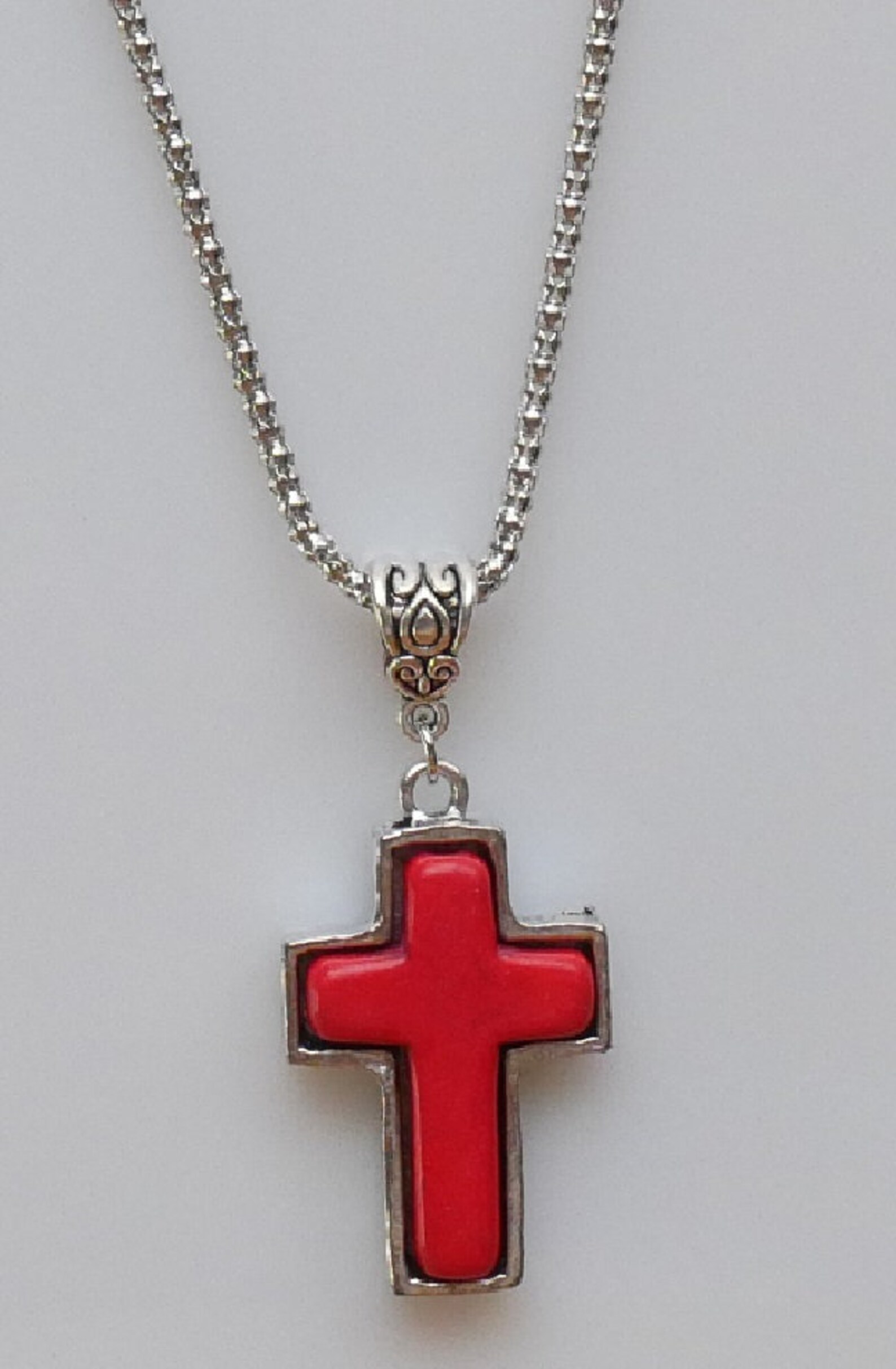Silver Tone Chain Necklace With Red Stone Cross - Etsy