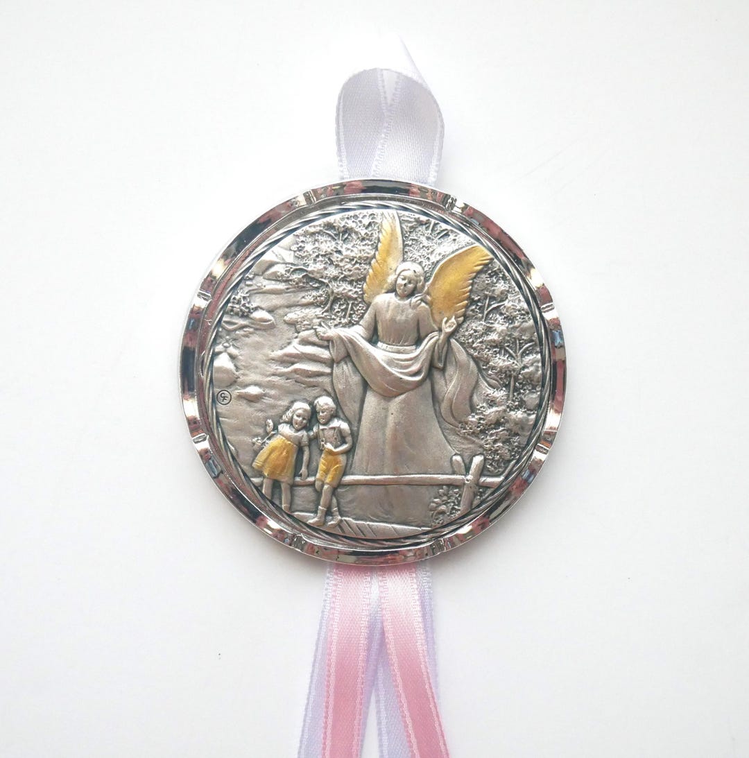 Guardian Angel Crib Medal With White and Pink Ribbons for Baby Girls - Etsy