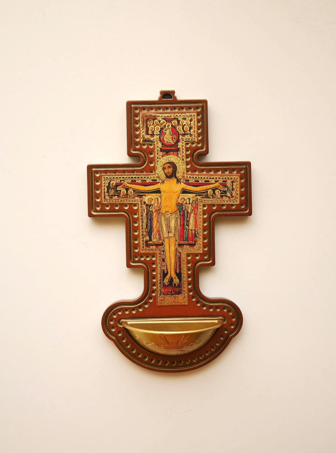 San Damiano Wood Cross Holy Water Font With Bronze Tone Receptacle - Etsy