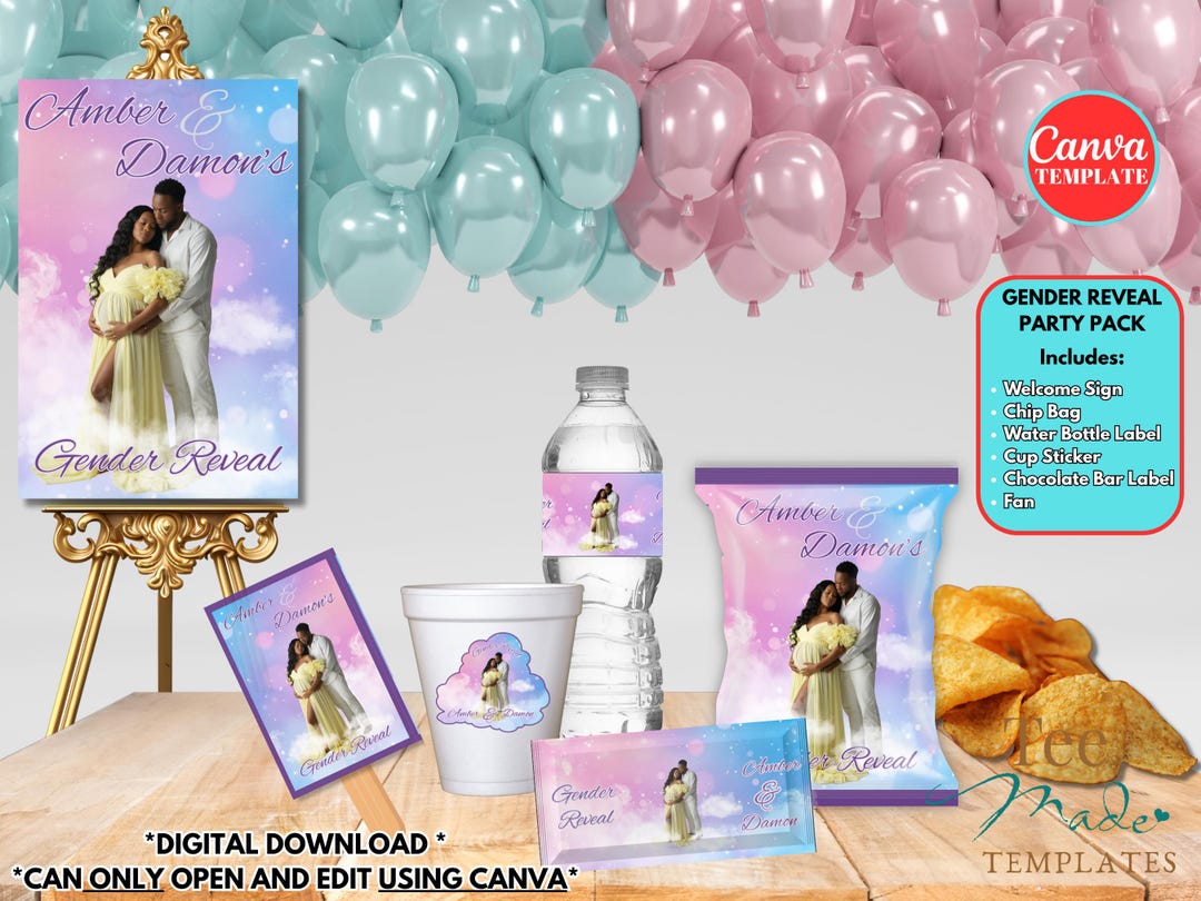 Gender Reveal Party Pack, Editable Party Favors Bundle, Canva Template ...