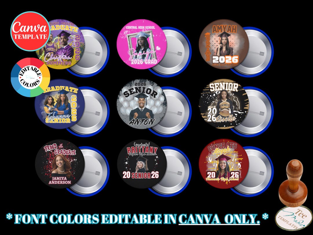 Grad Button Canva Template Bundle, 9 Graduation Pin Button Templates ...