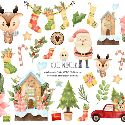 Sweet Christmas Watercolor Clipart Cute Santa Watercolor | Etsy Canada