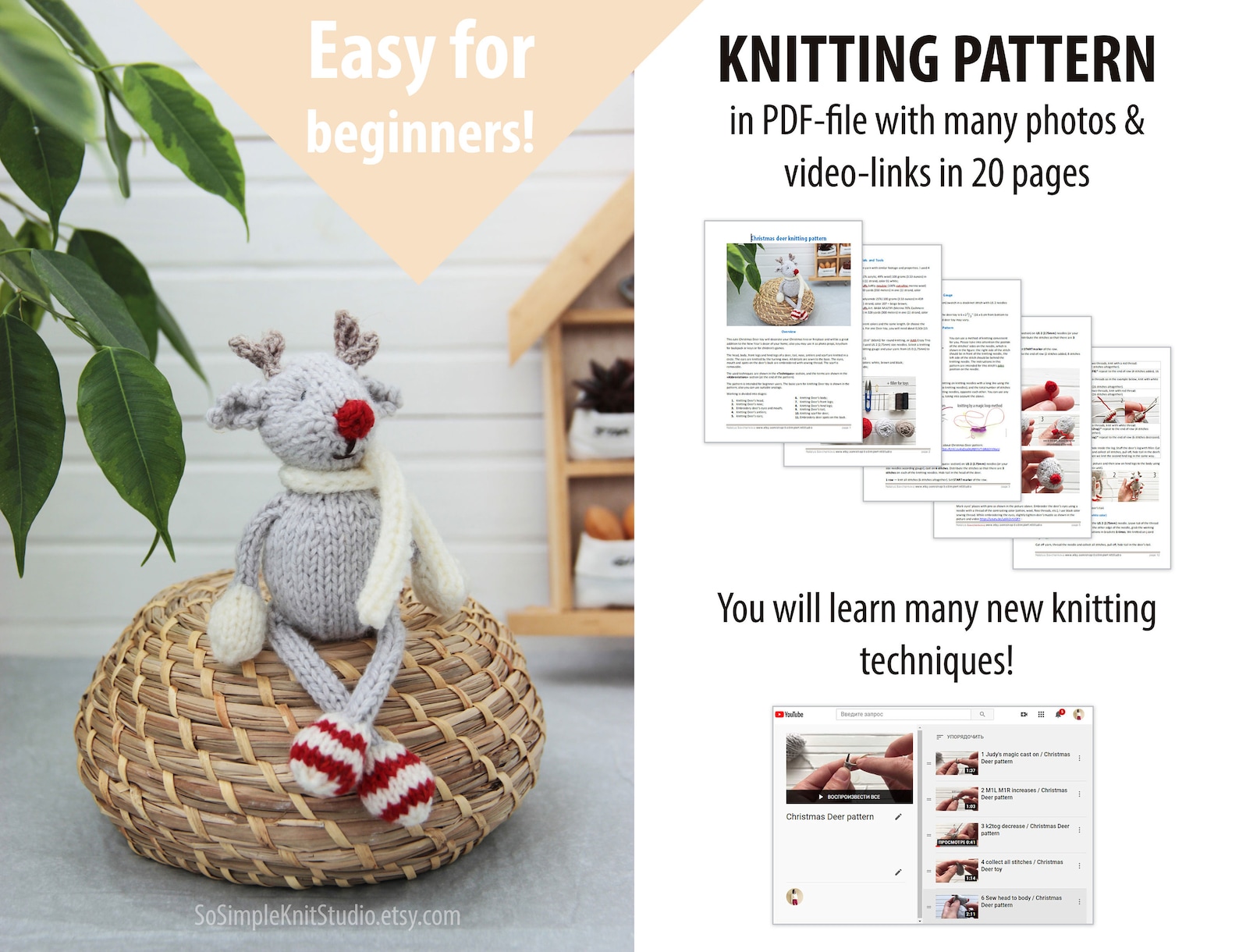 Deer Knitting PATTERN, Knit Reindeer Handmade Toy PDF, Knitted Fawn ...