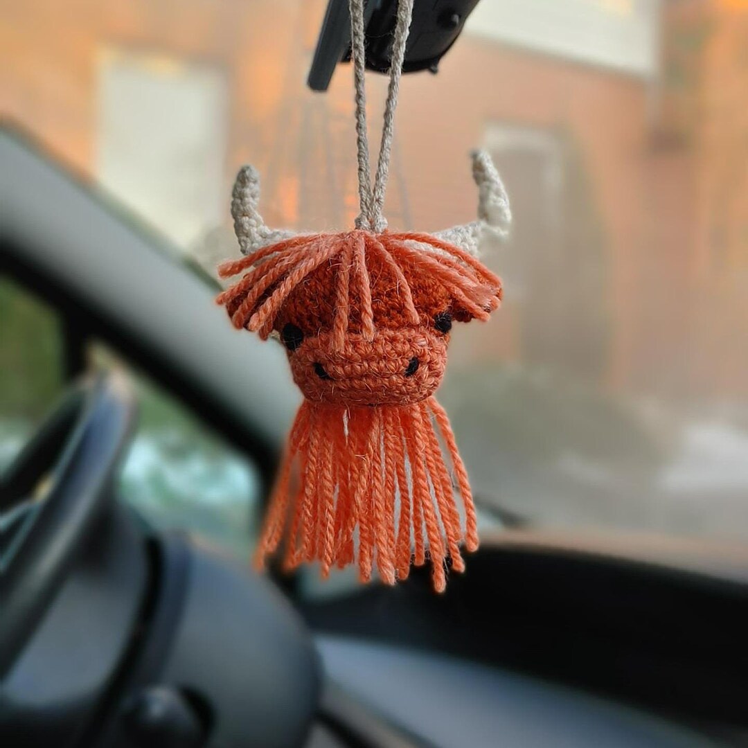 Handmade Highland Cow Plushie, Car Rear View Mirror Decor, Wool Stuffed ...
