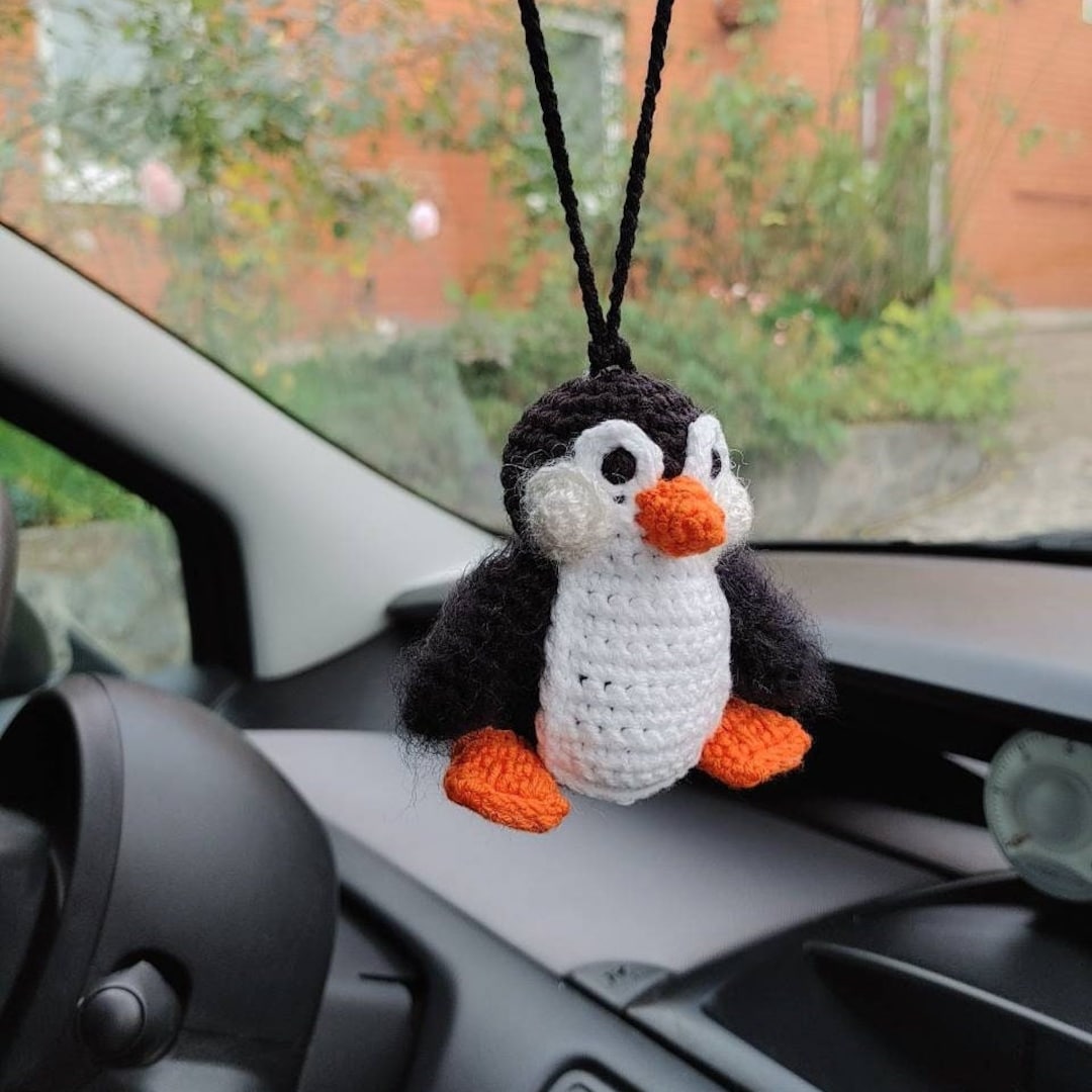 Crocheted Penguin Car Charm: Amigurumi Plush Mirror Decor, Cotton Toy ...