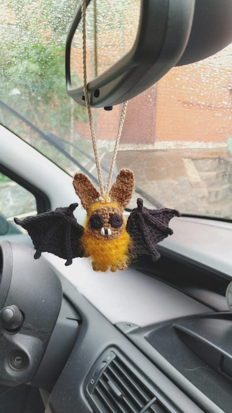 Crochet Bat Car Mirror, Hanging Decor, Fuzzy Halloween Ornament, Spooky ...