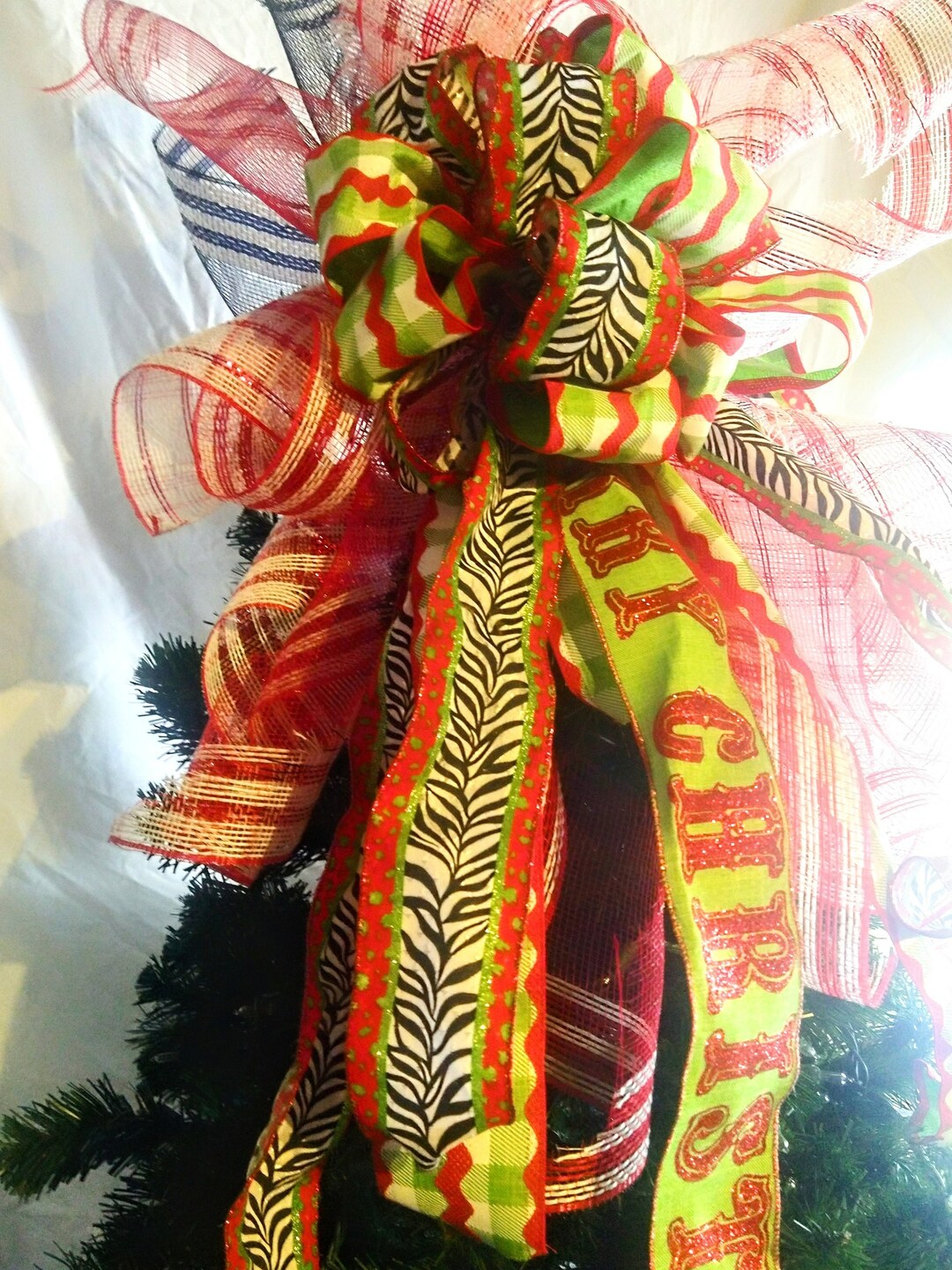 Tree Topper Bow, Lime Green Tree Topper, Zebra Print, Red and Lime Tree ...