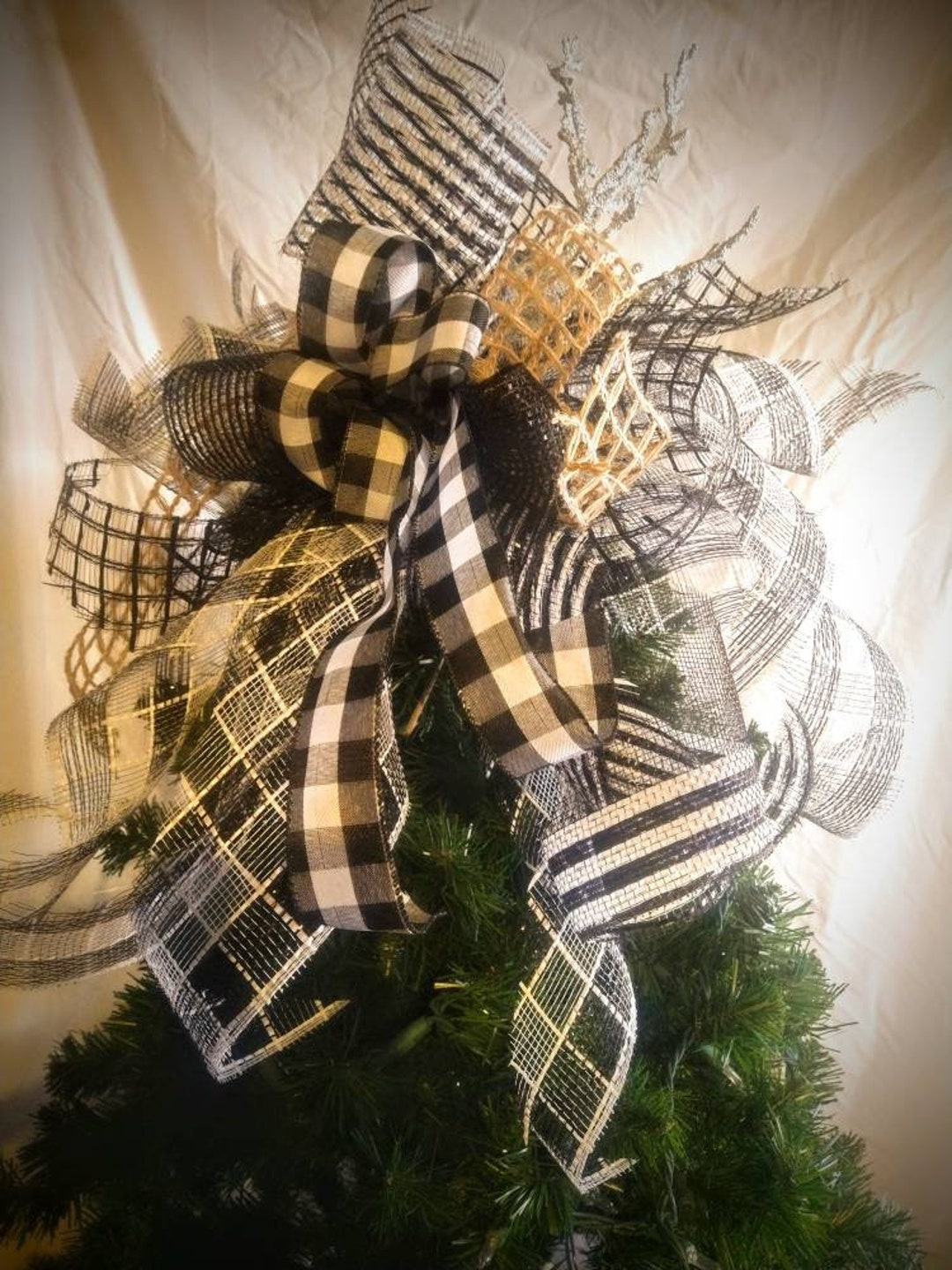 Christmas Tree Topper Bow, Farmhouse Christmas, Black and White Plaid ...