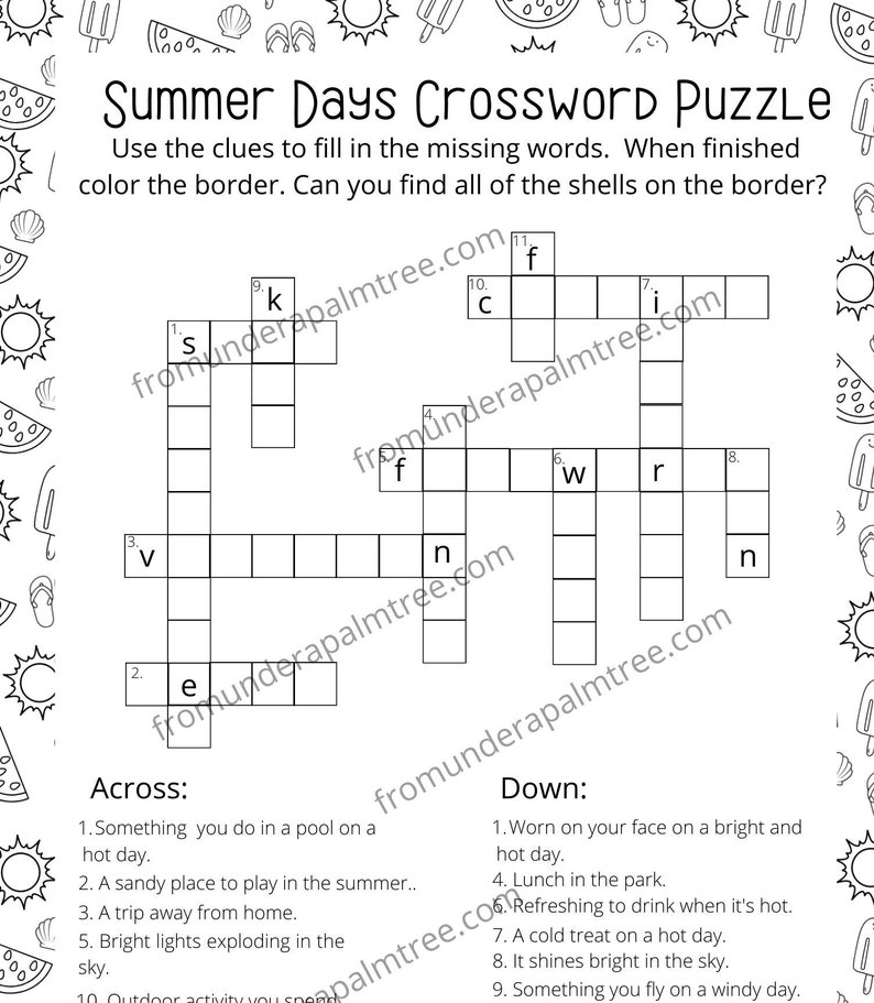 Summer Crossword Puzzle, Kids Crossword Puzzle, Learning Worksheets ...