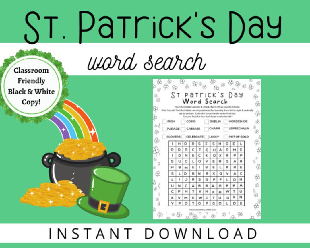 St. Patrick's Day Word Search,word Search,kids Worksheet,printable Game ...