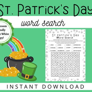 St. Patrick's Day Word Search,word Search,kids Worksheet,printable Game ...