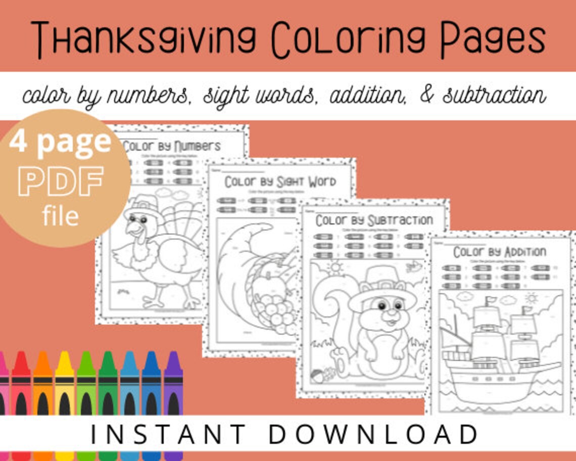 Thanksgiving Coloring Pages, Color by Numbers, Color by Sight Word ...