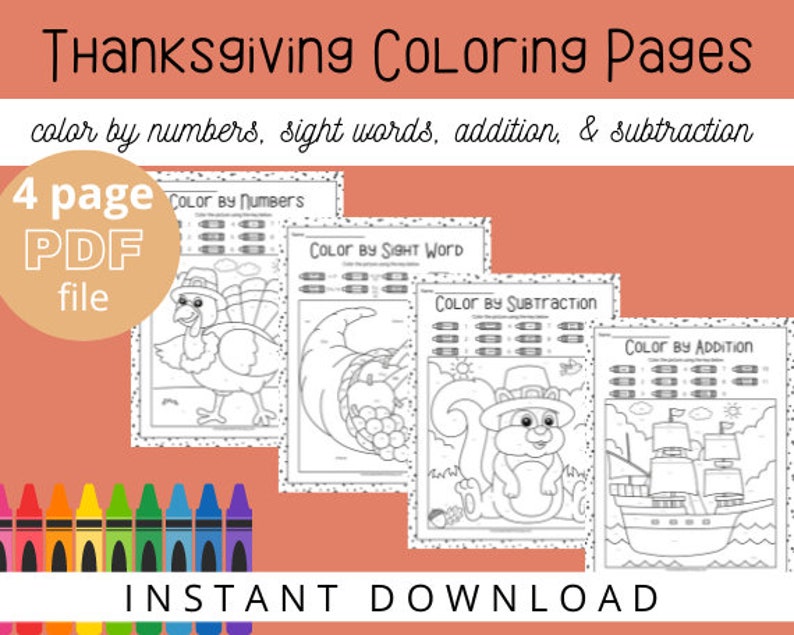 Thanksgiving Coloring Pages, Color by Numbers, Color by Sight Word ...