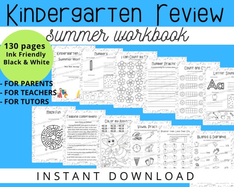 Kindergarten Review Summer Workbook, Kindergarten Worksheet, Printable ...