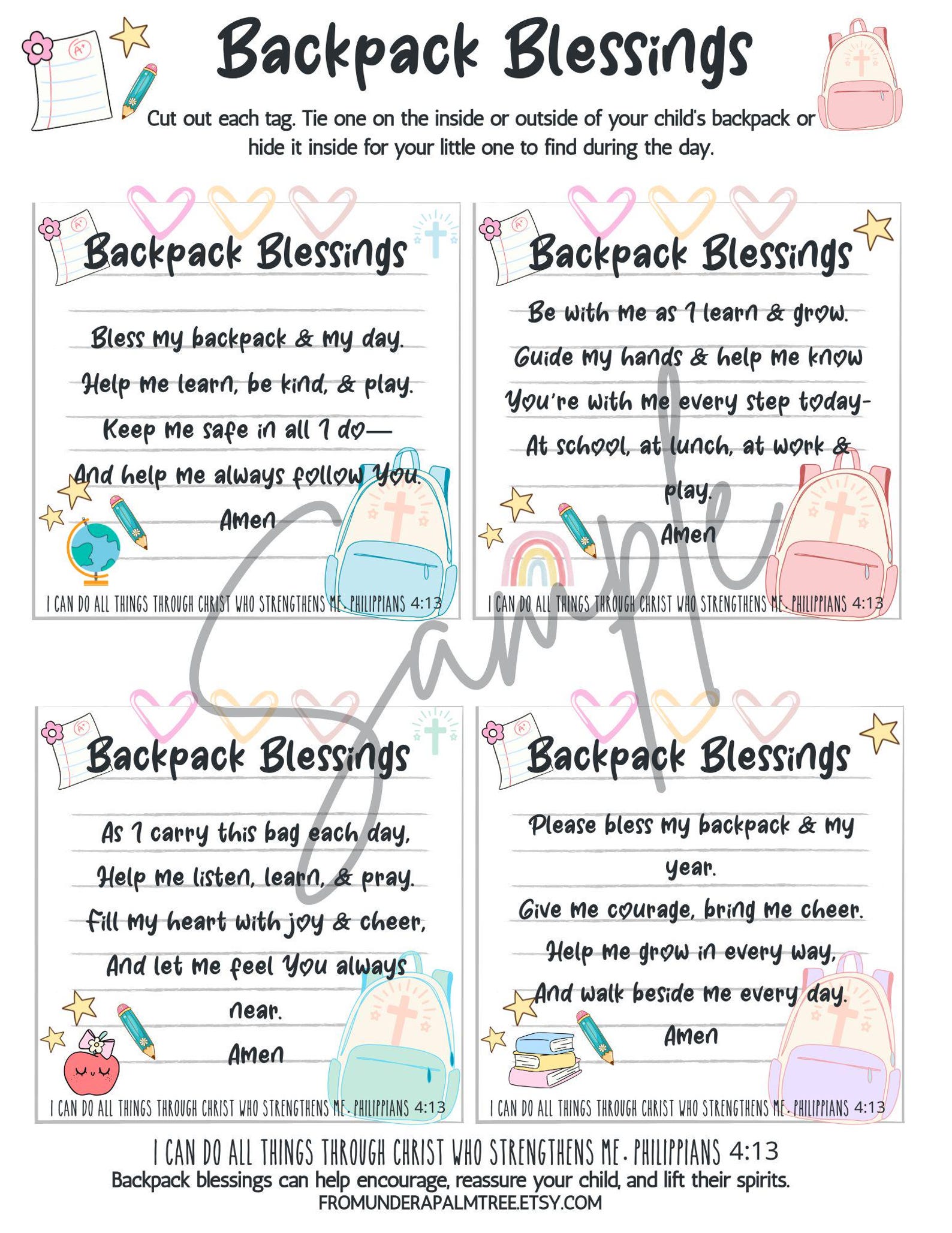 Backpack Blessing Tags for Kids: Bible Verse Notes (PDF Printable ...
