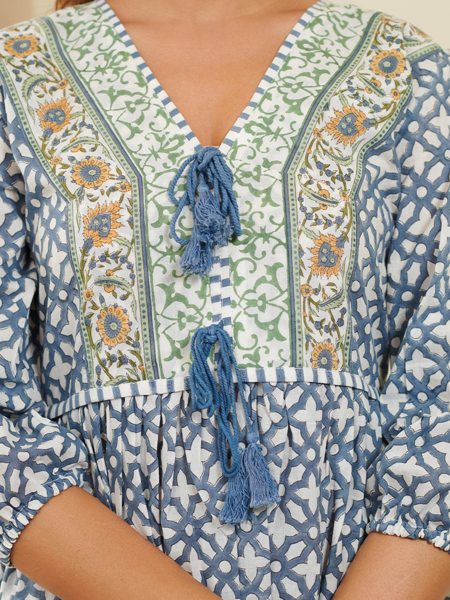 Block Print Dress, Blue Floral Block Print Cotton Dress With Floral ...