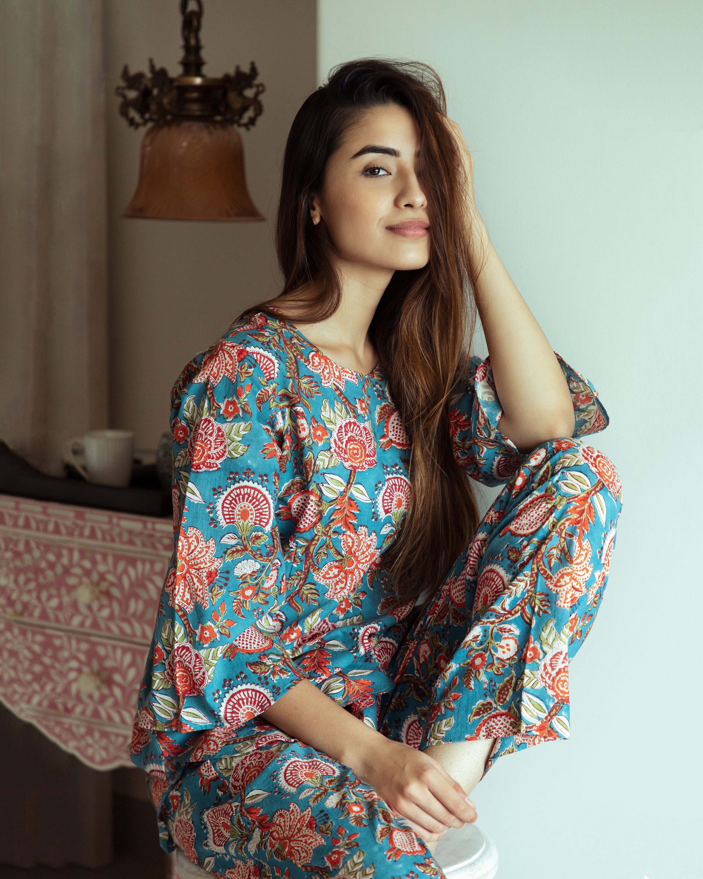 Floral PJ Set, Cotton Hand Block Print, Blue Floral PJ Set, Summer ...