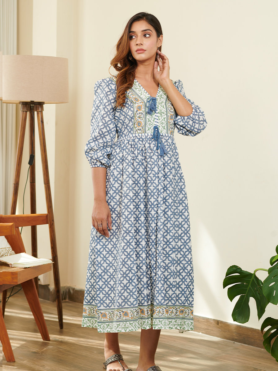 Block Print Dress, Blue Floral Block Print Cotton Dress With Floral ...