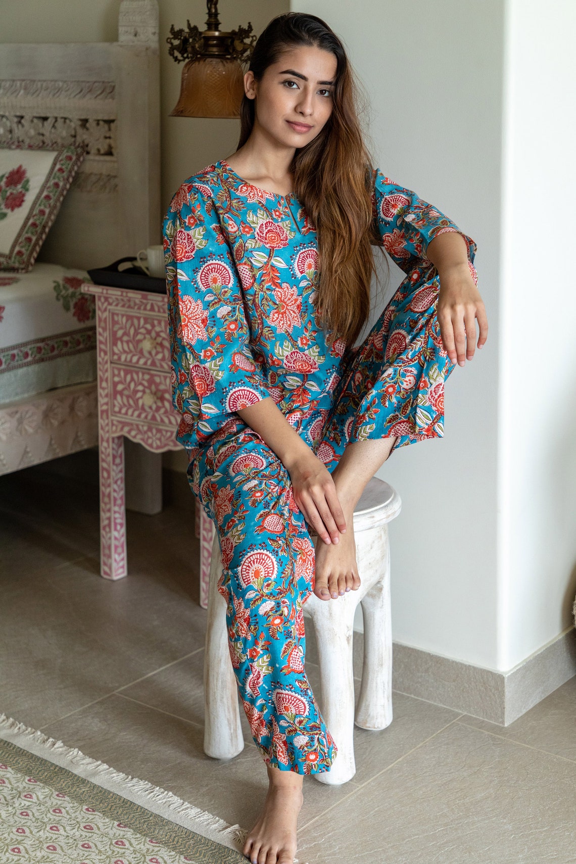 Floral PJ Set, Cotton Hand Block Print, Blue Floral PJ Set, Summer ...