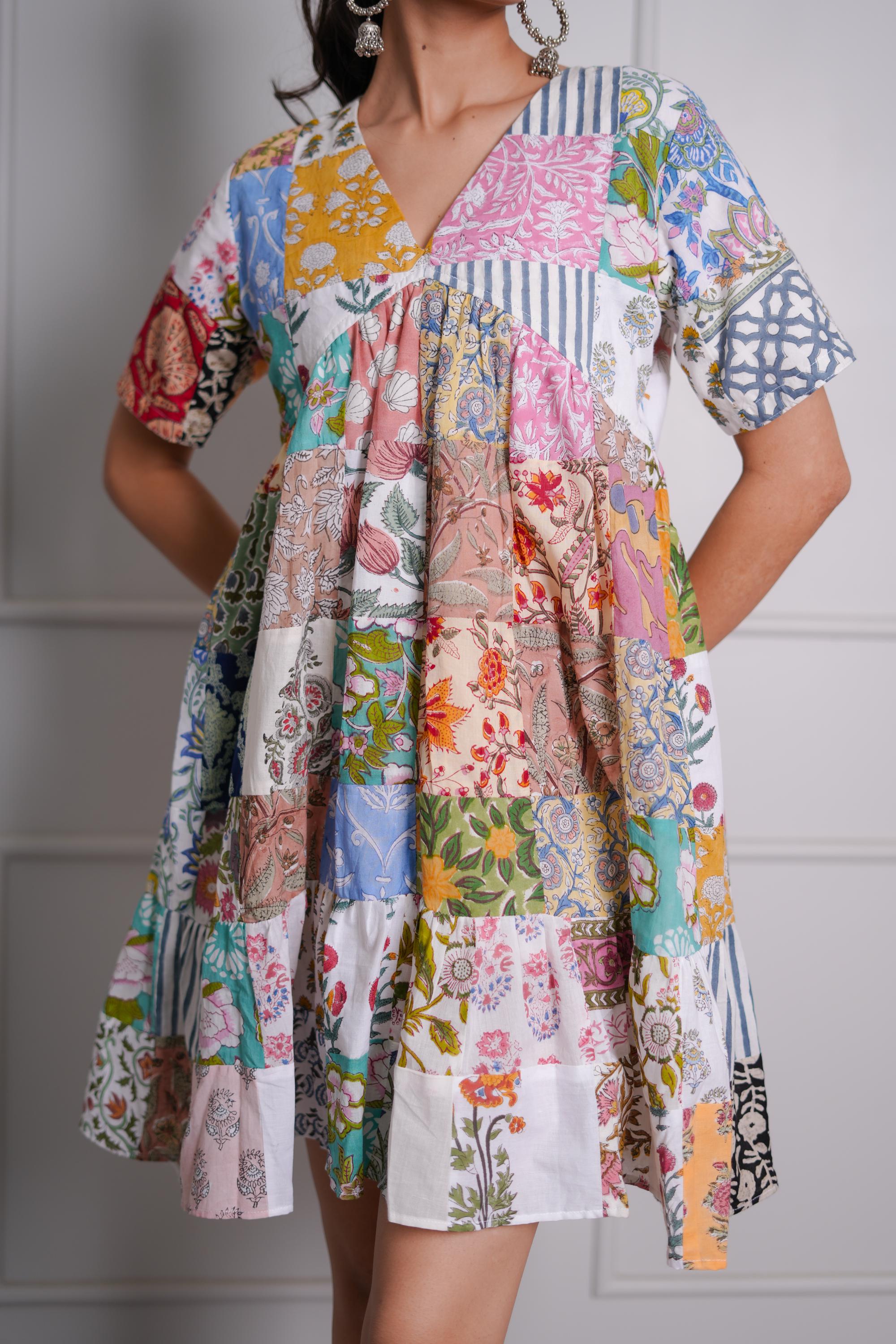 Patchwork Flared Dress, Printed Colourful Patchwork Dress, Patchwork ...