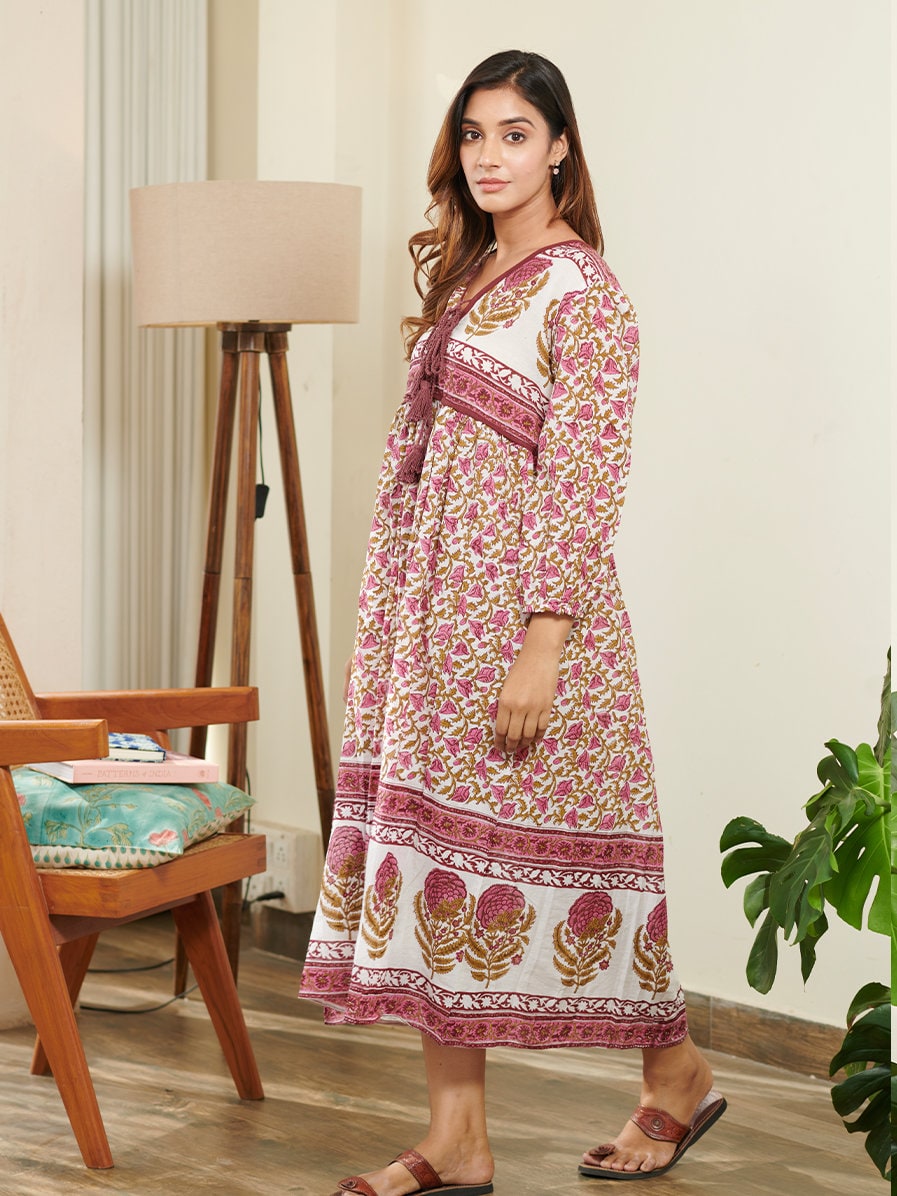 Block Print Dress, Pink Floral Block Print Cotton Dress With Floral ...