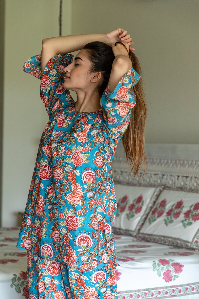 Floral PJ Set, Cotton Hand Block Print, Blue Floral PJ Set, Summer ...