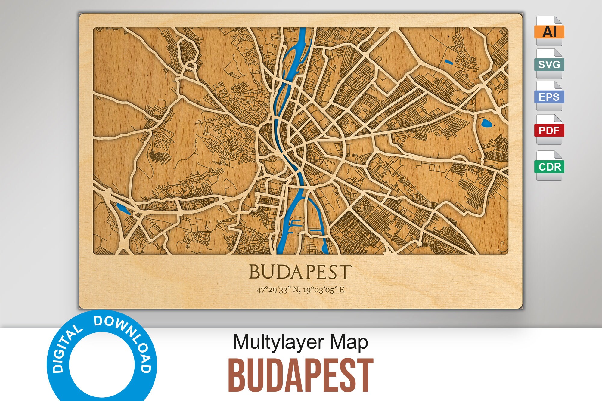 Digital File SVG, PDF - Budapest Street Map - 3d Multi Layer Street Map ...