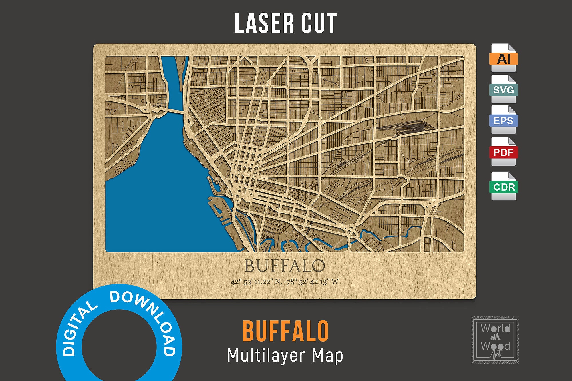 Buffalo Map SVG - 3D Laser Cut Multilayer Street Map Decoration, Laser ...