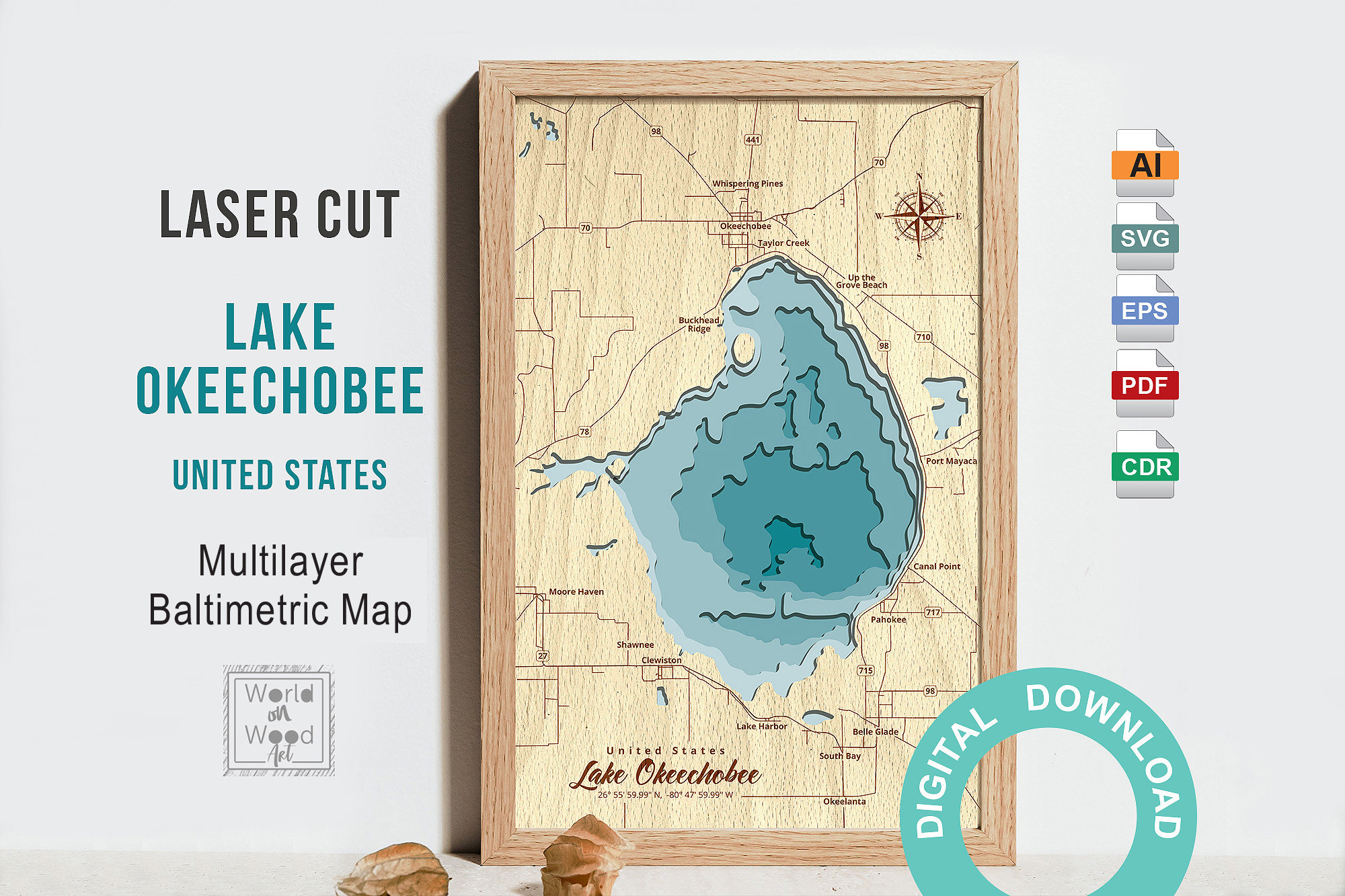 Lake Okeechobee Bathymetry Map SVG, Laser Files, Florida, Multilayer ...