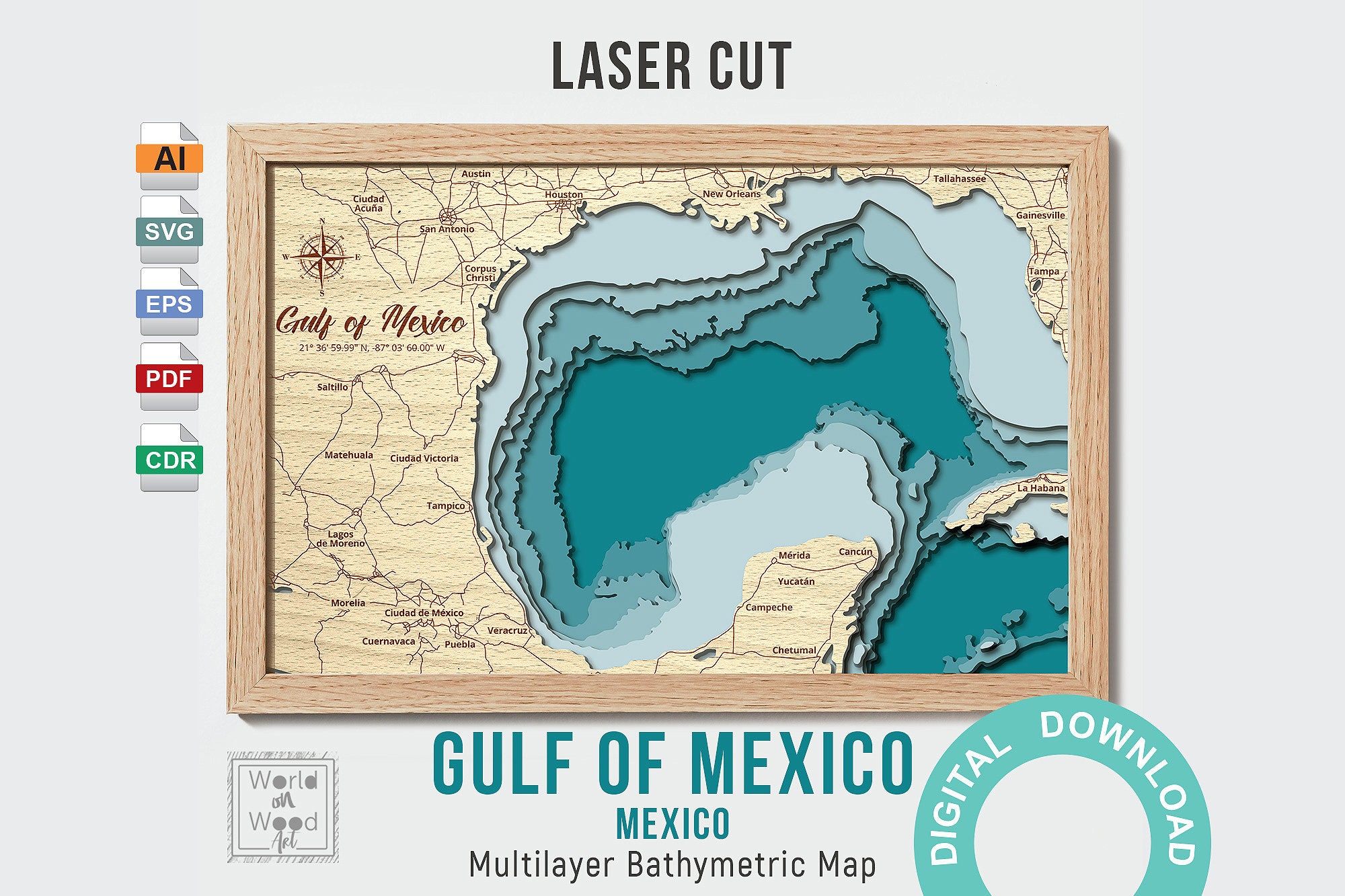 Gulf of Mexico SVG, Digital Gulf of Mexico Map, Laser Wood Map, Cut and ...