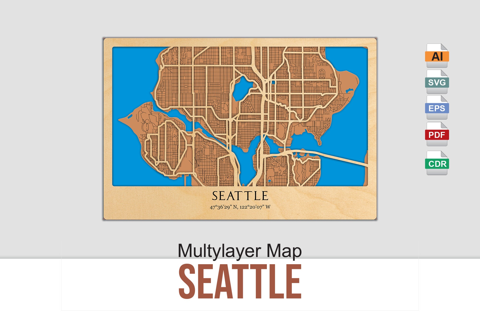 3D Laser Cut Map of Seattle - Multilayer Map Decor Laser Cut Digital ...