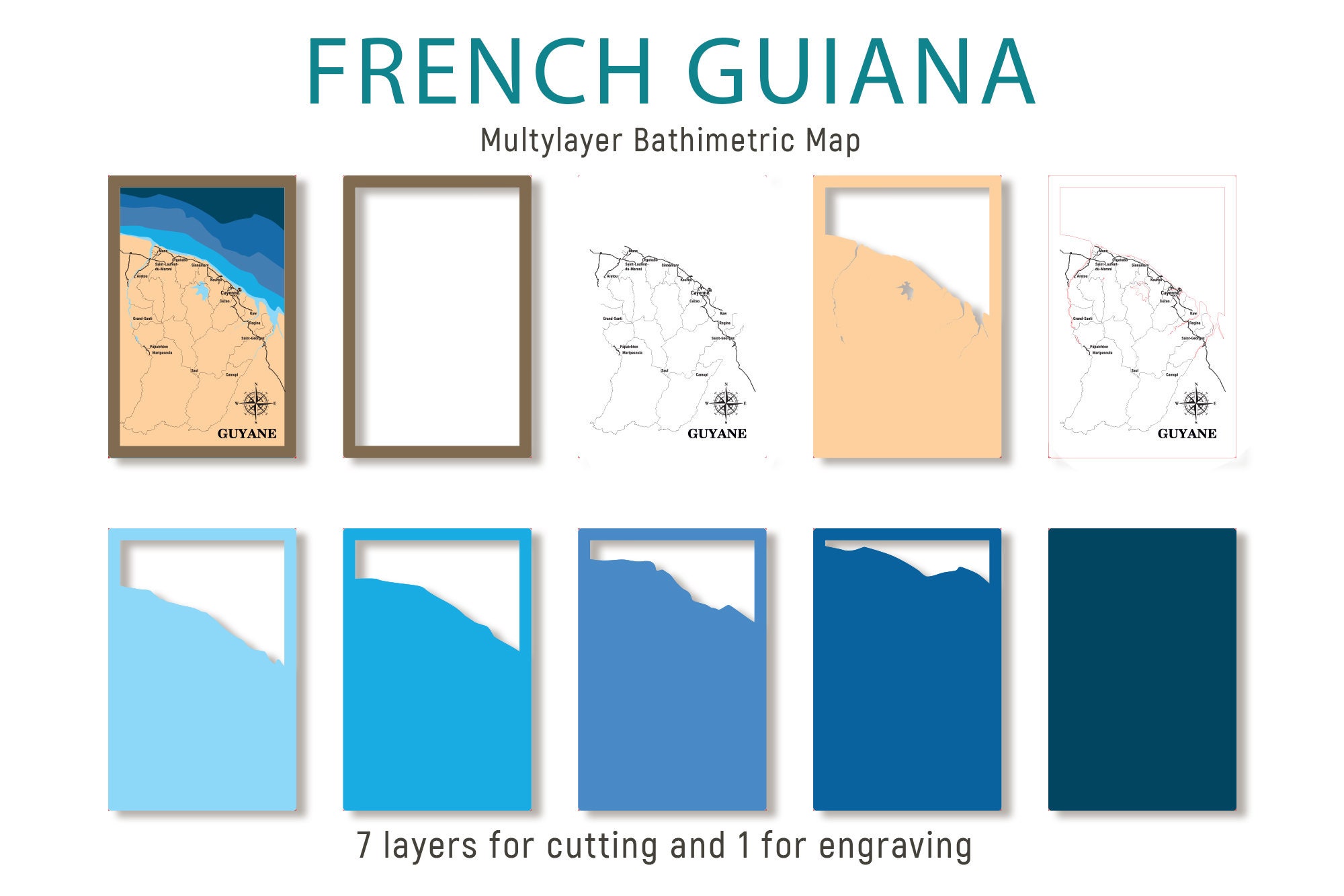 Digital File PDF, SVG, Ai French Guiana Map, Guyane South America Wood ...
