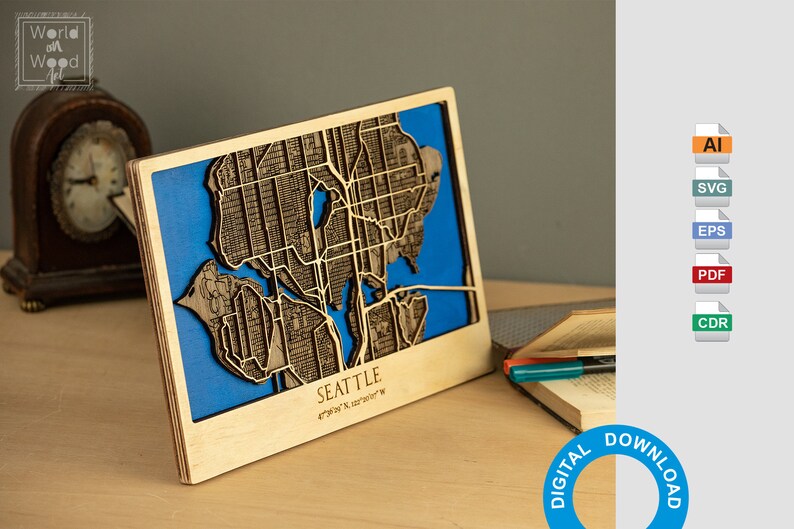 3D Laser Cut Map of Seattle - Multilayer Map Decor Laser Cut Digital ...