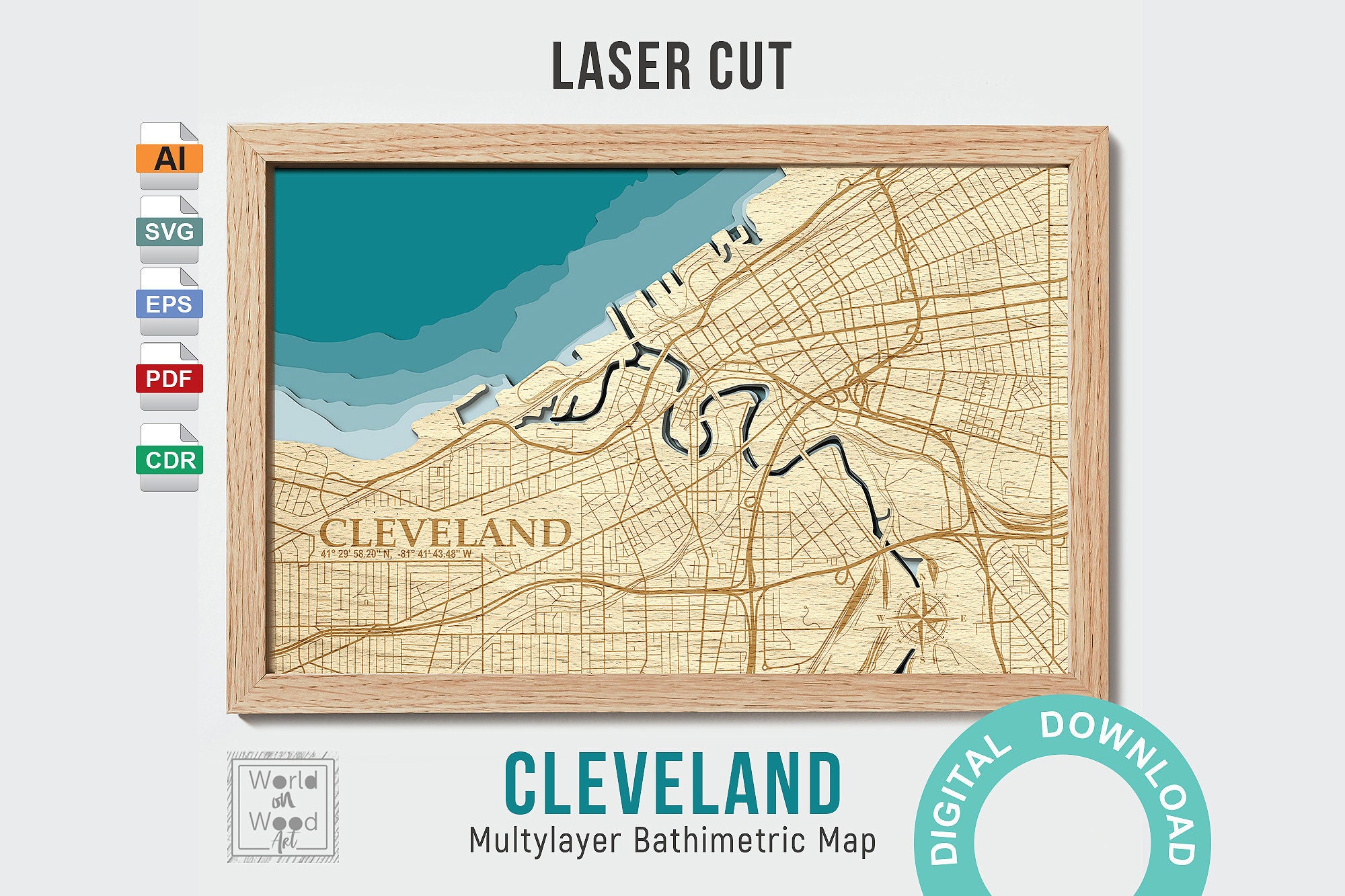 Digital File PDF, SVG 3D Laser Cut Map of Cleveland Bathymetry With ...