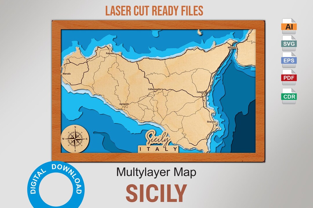 Sicily Map SVG, Italy Laser Map, Sicily Island Laser Wood Map, Cut and ...
