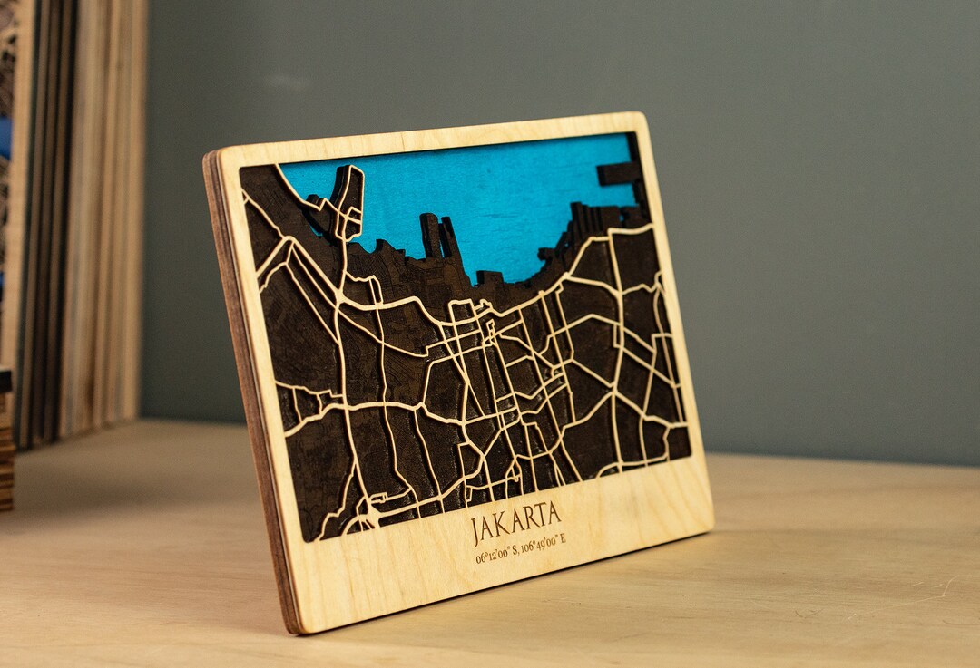Jakarta Street Map Wood, 3D City Plan Décor, Laser Cut, Capital of ...