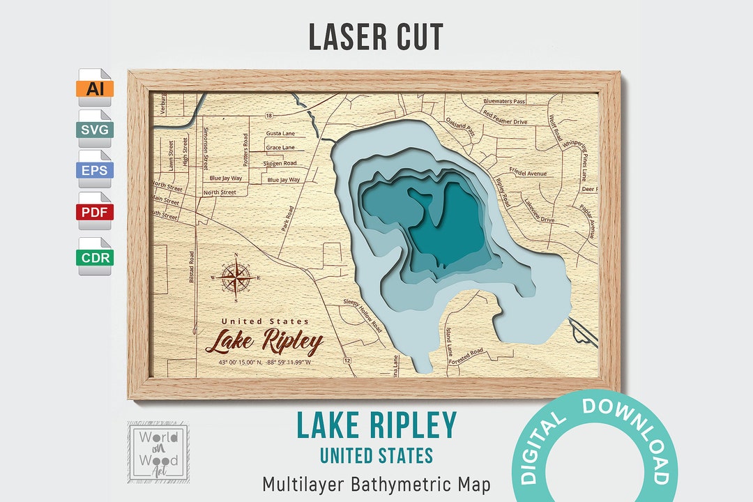 Ripley Lake Map SVG, Laser Cut Files, Wisconsin, Multilayer Vector Map ...