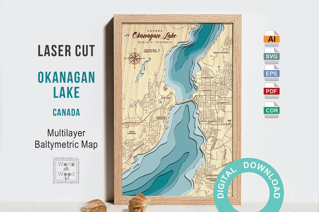 Digital File SVG, PDF - Okanagan Lake Map, Canada, Multilayer Vector ...