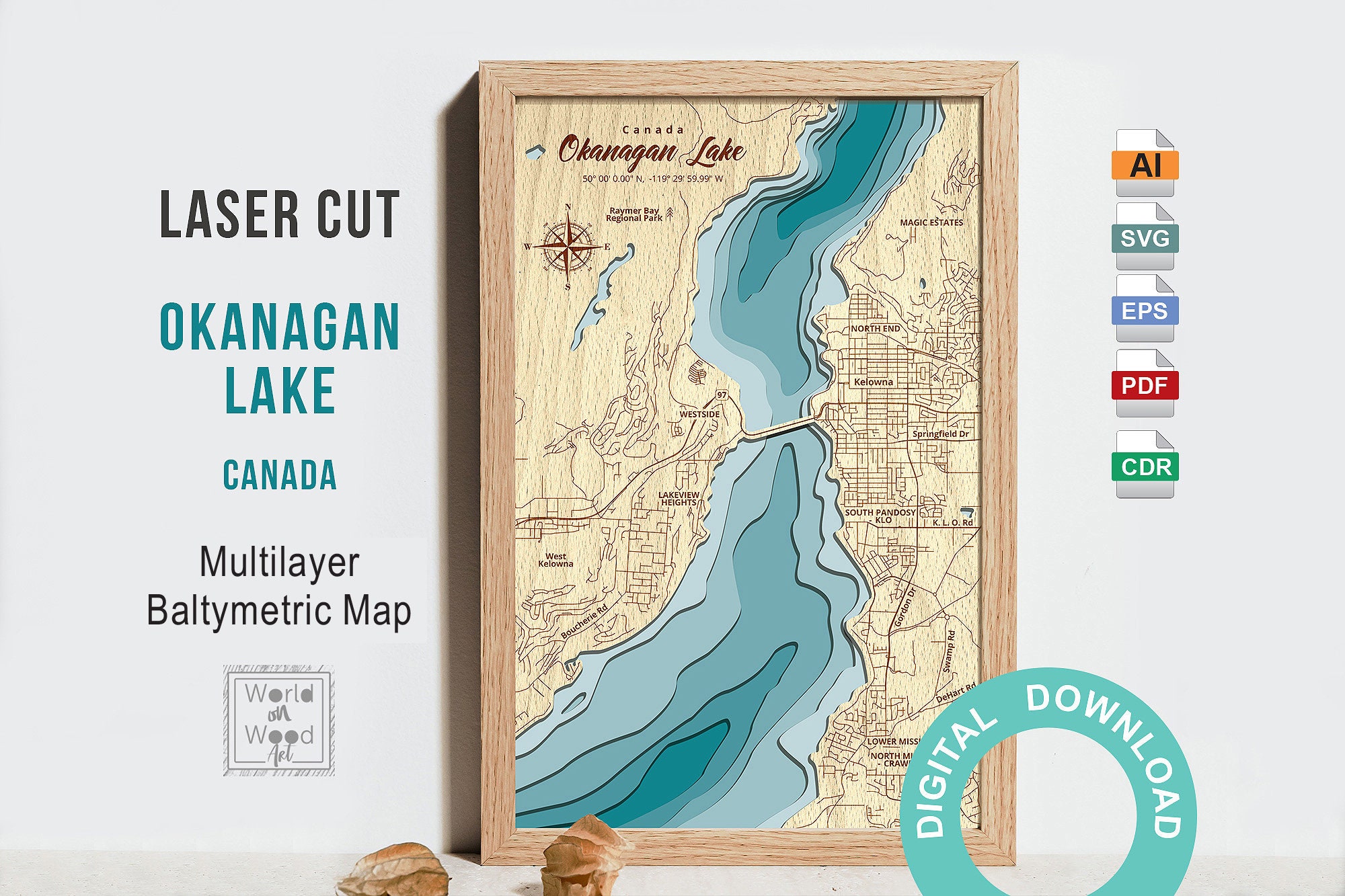Digital File SVG, PDF - Okanagan Lake Map, Canada, Multilayer Vector ...