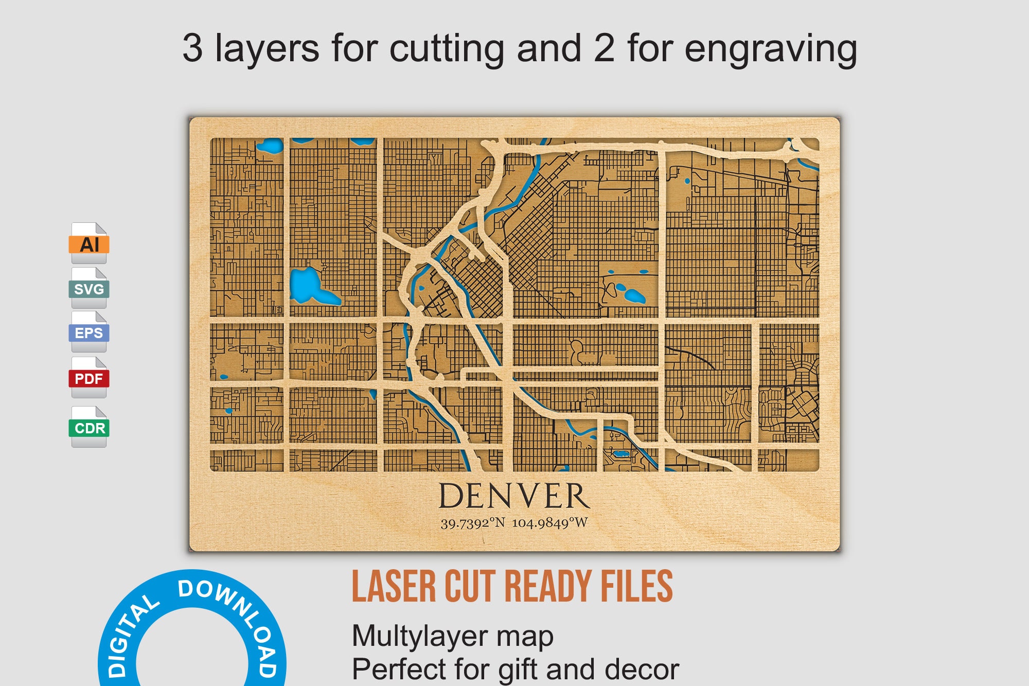 3D Denver Street Map - Multilayer Laser Cut Files (pdf, Svg, Eps, Ai ...
