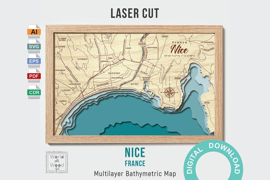Nice France Map SVG, Laser Cut Files, SVG Multilayer Vector Map, 3d ...