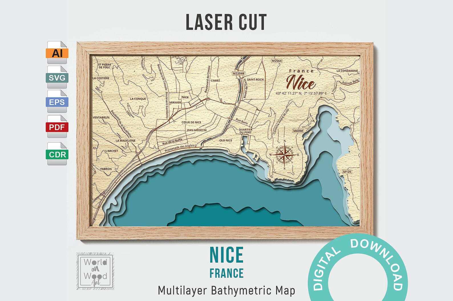 Nizza Frankreich Karte SVG, Laser Cut Dateien, SVG mehrschichtige ...