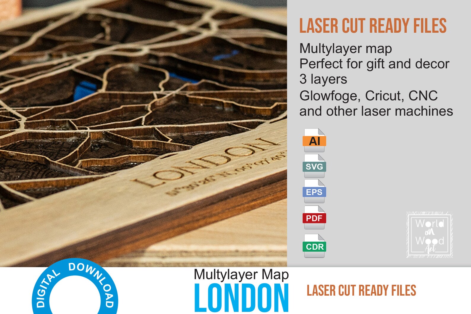 3D London Map - Multilayer Laser Cut Files (PDF, SVG, EPS, Ai, Cdr) - Etsy