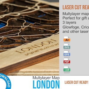 3D Laser Cut Map of London - Multilayer Map Decor Laser Cut Digital ...