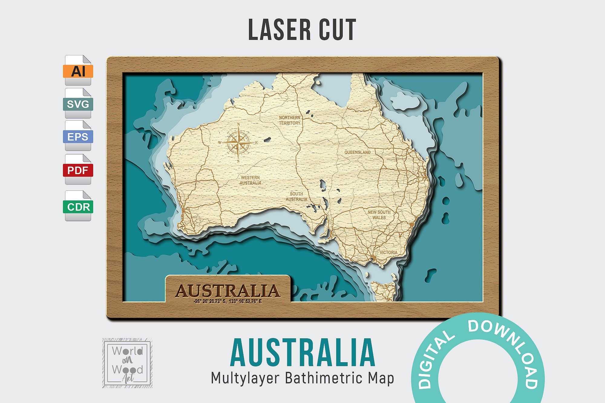 Digital File SVG, PDF Australia Map, 3d Water Depth, Multilayer Vector ...