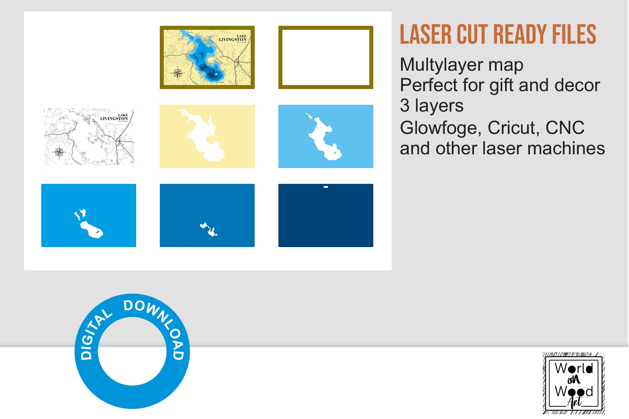 3D Laser Cut Lake Livingston Bathymetric Map Digital File - PDF, AI ...