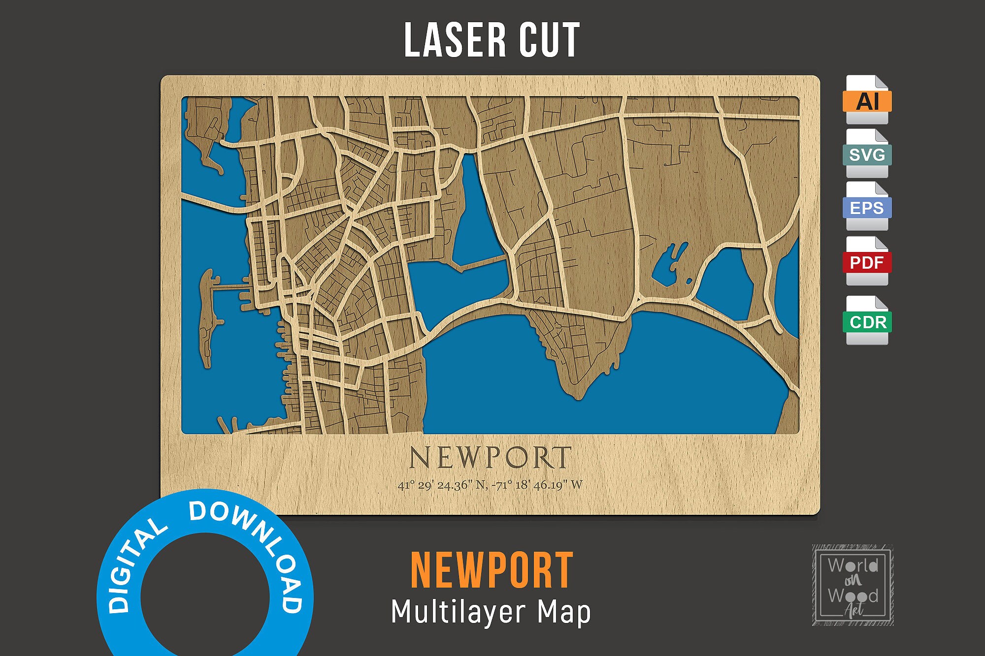 3D Laser Cut Map of Newport, Rhode Island - Multilayer Map Decor Laser ...