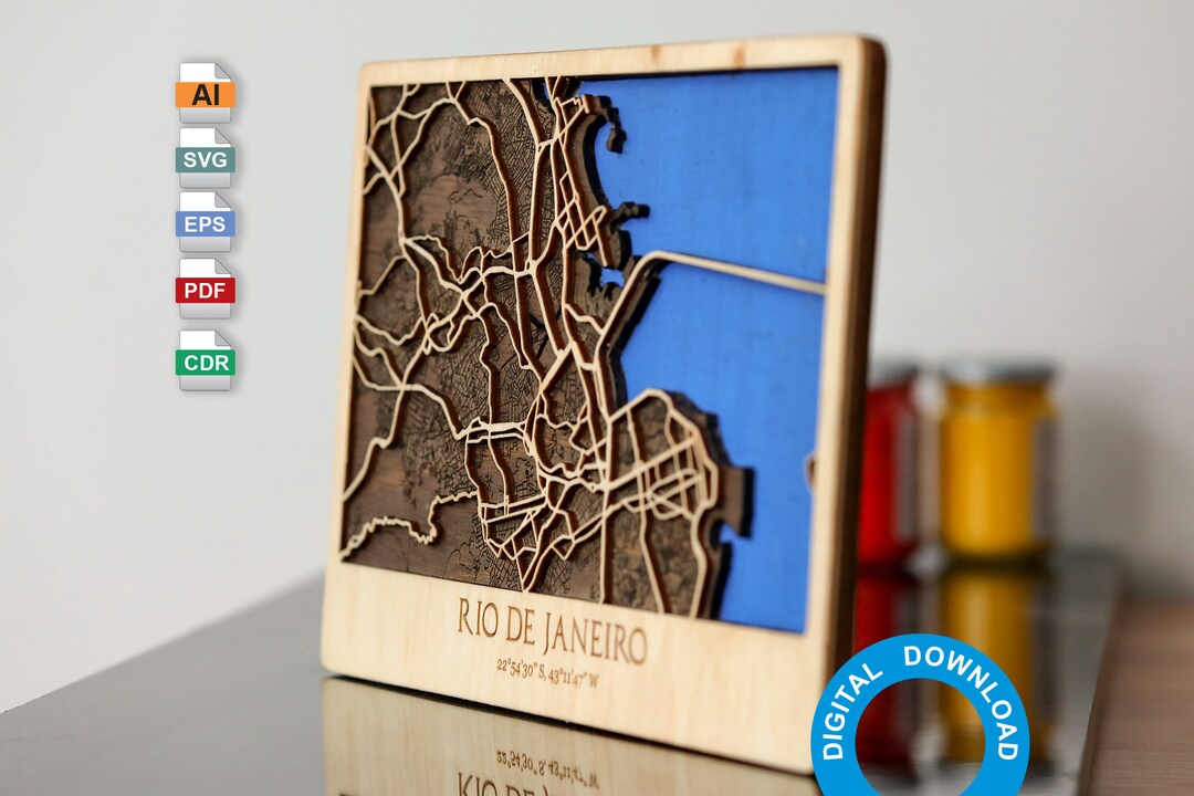 3D Laser Cut Map of Rio De Janeiro - Brazil Multi Layer Street Map ...