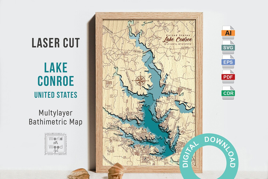 Digital File SVG, PDF Lake Conroe Map, Texas, Multilayer Vector Map ...