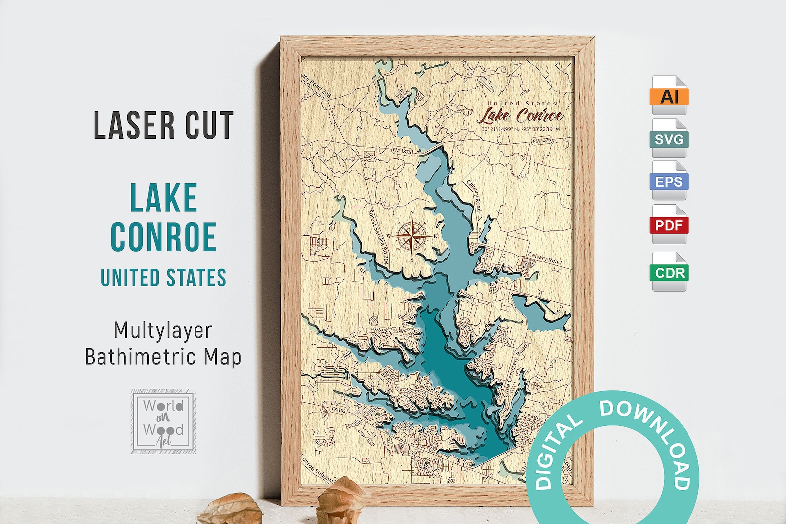 Digital File SVG, PDF Lake Conroe Map, Texas, Multilayer Vector Map ...